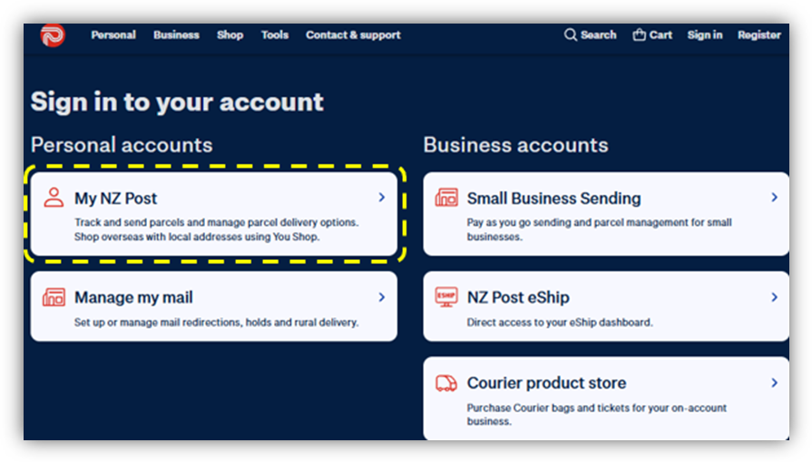 How do I sign in or register for a My NZ Post account?
